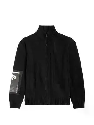 Balenciaga Ribbed-knit Zip-up Cardigan With Graphic Sleeve Detail - Black