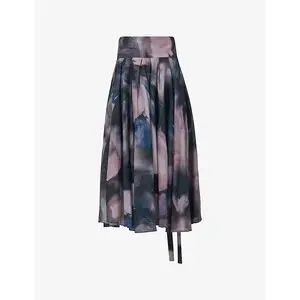 LEEM Printed Pleated Circular Cotton Midi Skirt - Multi-coloured