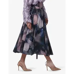 LEEM Printed Pleated Circular Cotton Midi Skirt