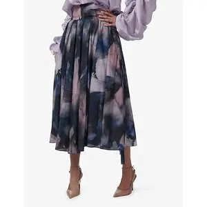 LEEM Printed Pleated Circular Cotton Midi Skirt