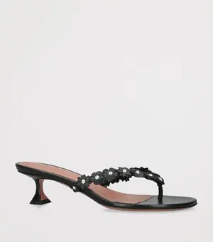 Amina Muaddi Leather Embellished Thong Sandals - Black