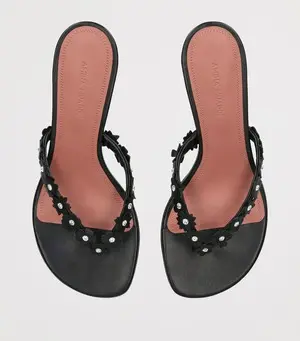 Amina Muaddi Leather Embellished Thong Sandals - Black