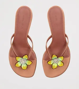 Amina Muaddi Satin Flower Embellished Heeled Sandals - Beige