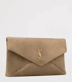 Saint Laurent Large Suede Cassandre Envelope Pouch - Grey