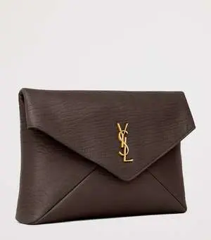 Saint Laurent Large Leather Cassandre Envelope Clutch Bag - Brown
