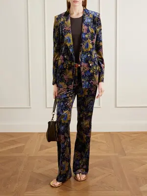Etro Double-breasted Floral-print Stretch-cotton Velvet Blazer - Blue