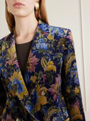 Etro Double-breasted Floral-print Stretch-cotton Velvet Blazer - Blue