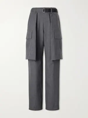 Sacai Pleated Belted Twill Wide-leg Pants - Gray