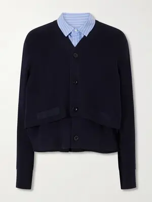 Sacai Ribbed V-neck Cardigan With Striped Poplin Collar
