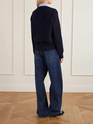 Sacai Ribbed V-neck Cardigan With Striped Poplin Collar