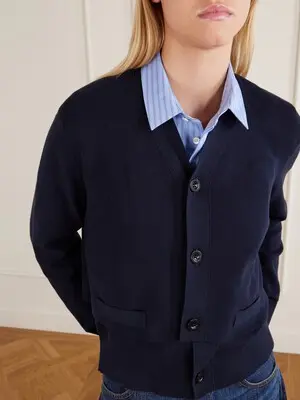 Sacai Ribbed V-neck Cardigan With Striped Poplin Collar
