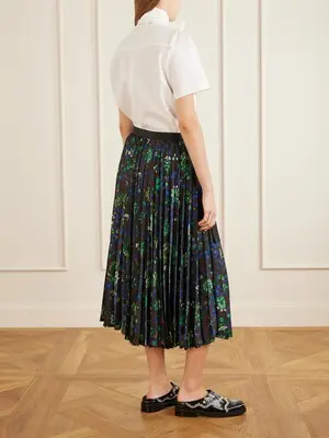 Sacai Belted Grosgrain-trimmed Pleated Floral-print Georgette Midi Skirt - Black