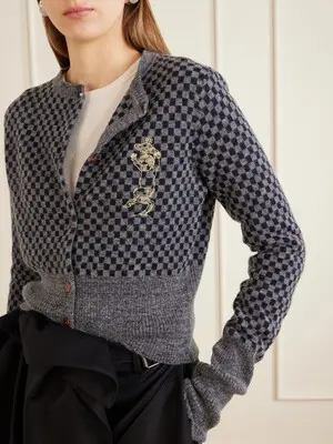 VIVIENNE WESTWOOD Checkmate' Logo-embroidered Alpaca, Cotton And Wool-blend Cardigan - Gray