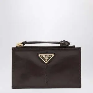 Prada Dark Calf Leather Zip Card Holder - Brown