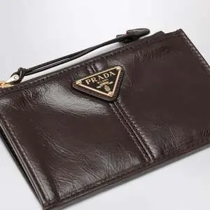 Prada Dark Calf Leather Zip Card Holder