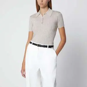 TOTEME Greige Ribbed Cashmere And Silk Polo Shirt - Beige