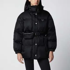 Prada Re-nylon Hooded Padded Jacket With Front Pouch - Black