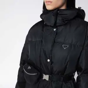 Prada Re-nylon Long Down Jacket With Belt Bag