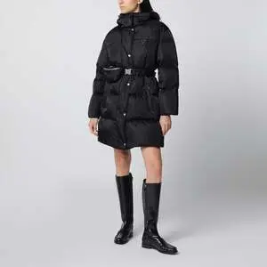 Prada Re-nylon Long Down Jacket With Belt Bag