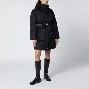 Prada Re-nylon Long Down Jacket With Belt Bag