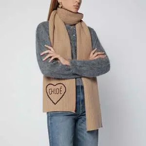 Chloé Encoeur Wool And Cashmere Scarf In Bleached - Brown