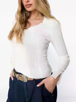 Guess Ribbed Knit V-neck Long Sleeve Sweater With Buttoned Cuffs - Neutrals