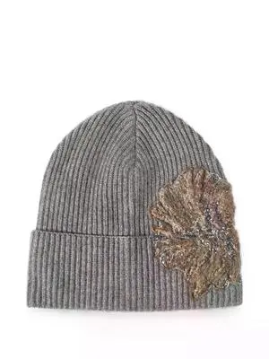Brunello Cucinelli Cashmere Ribbed Beanie With Whispering Bloom Embroidery - Grey