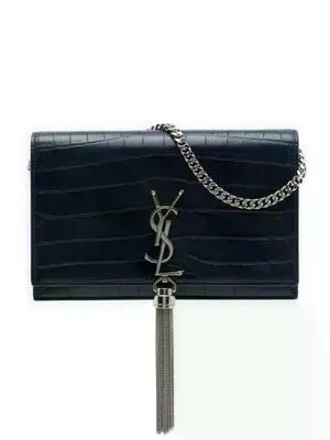 Saint Laurent 2017 Croc Embossed Leather Monogram Kate Tassel Wallet On Chain Crossbody Bag - Blue