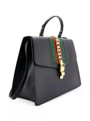 Gucci Sylvie Top Handle Bag Leather Large Satchel - Black