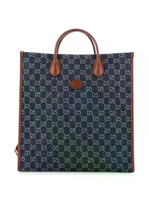 Gucci Interlocking G Patch Web Strap Convertible Gg Denim Tall Tote Bag