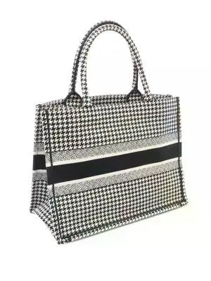 Dior 2018-2019 Medium Canvas Houndstooth Embroidered Book Tote Bag - Black