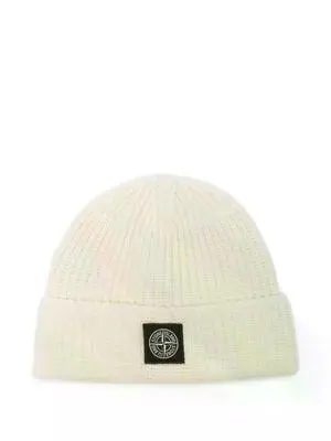 Stone Island Logo-patch Ribbed-knit Beanie Hat - Neutrals