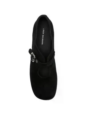 LINDA BAUMANN Suede Buckle Block Heel Pumps