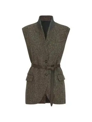 Brunello Cucinelli Sparkling Virgin Wool Chevron Vest With Leather Belt And Monili - Brown