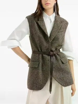 Brunello Cucinelli Virgin Wool Chevron Vest With Leather Belt And Monili