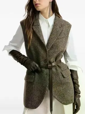 Brunello Cucinelli Virgin Wool Chevron Vest With Leather Belt And Monili