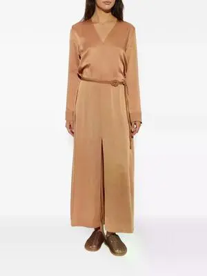 FORTE_FORTE Belted Maxi Dress With V-neck And Long Sleeves