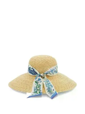 FERRAGAMO Wide Brim Straw Hat With Floral Silk Trim - Neutrals