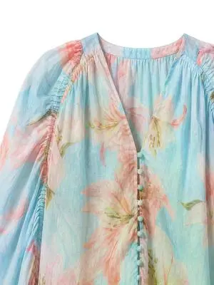 NEMA Floral-print Puffed-sleeve Blouse - Blue