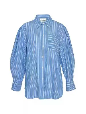 GANNI Stripe-print Pleated-sleeve Shirt - Blue