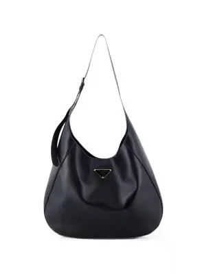 Prada Triangle Logo Curved City Calf Large Hobo Bag - Black