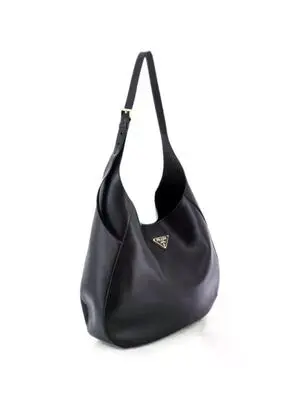 Prada Triangle Logo Curved City Calf Large Hobo Bag - Black