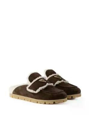 Prada Suede And Shearling Mules - Brown