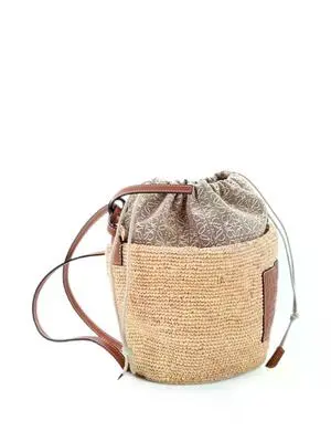 Loewe Pochette Crossbody Bag Woven Raffia And Leather With Anagram Jacquard Bucket Bag - Brown