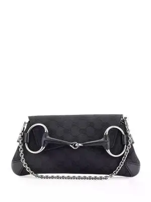Gucci Horsebit Chain Gg Canvas With Leather Medium Clutch Bag - Black