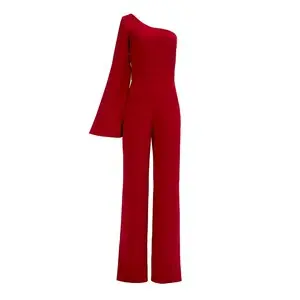 NOMI FAME Sophi Royal Wine One Sleeve Asymmetric Neckline Jumpsuit - Red