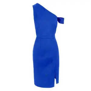 AVENUE N°29 Asymmetrical Neckline Bodycon Midi Dress - Blue