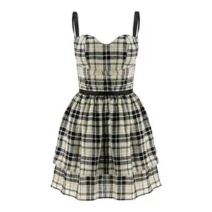 AVENUE N°29 Neutrals Checked Linen Gathered Mini Dress With Straps - Black