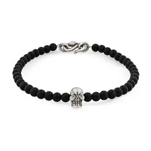 SNAKE BONES Black / Silver Skull Bracelet In Sterling Silver With Diamonds Black Onyx & Snake Clasp - Black/silver