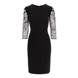 AVENUE N°29 Bodycon Midi Dress With Lace Sleeves - Black